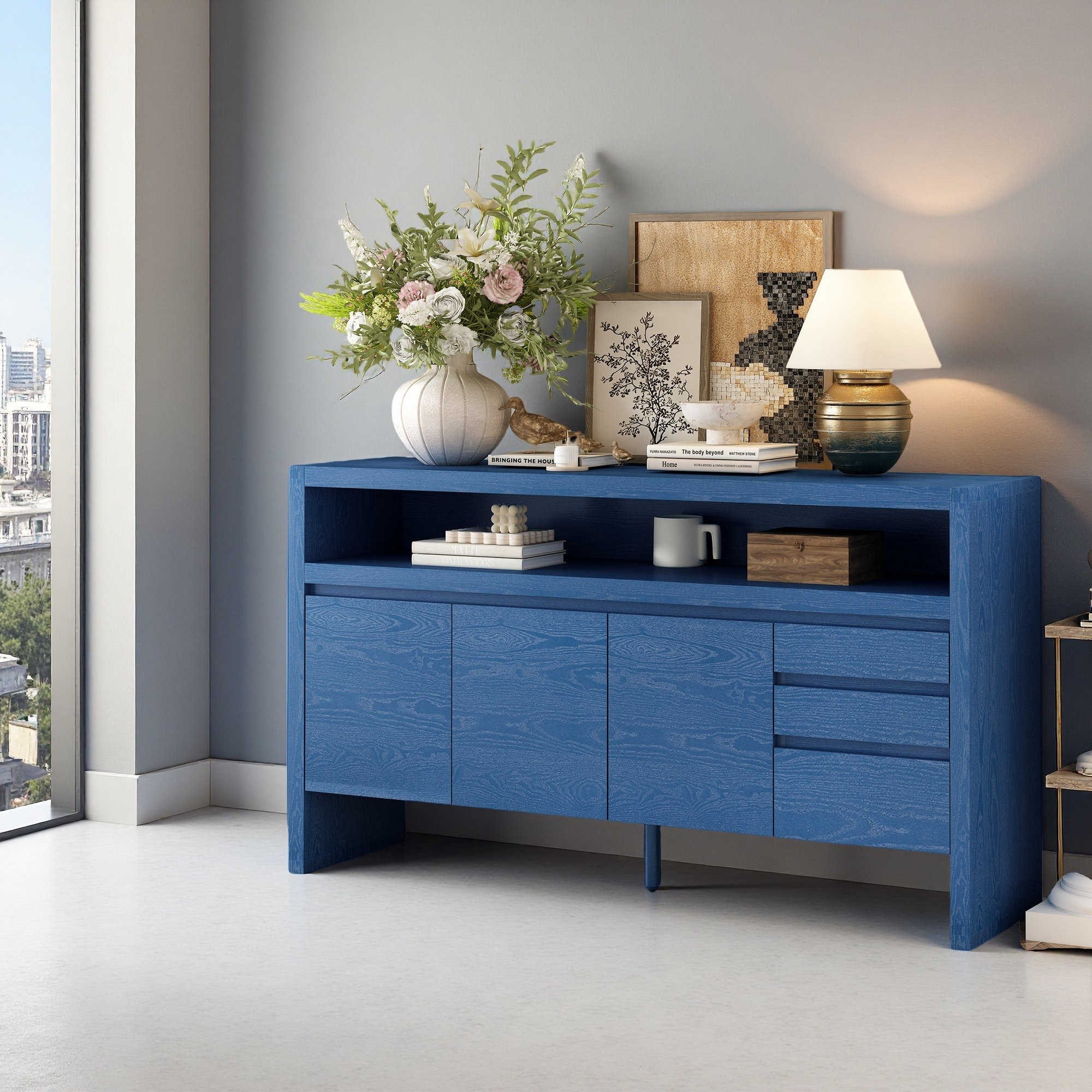 PhoebeHoliday 60" 3-Door Sideboard With 3 Drawers - Modern Solid Veneer MDF Sideboard, Semi-Open ...